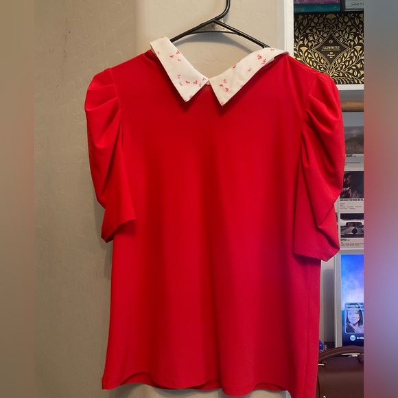 CeCe | Tops | Cece Red Floral Peter Pan Collared Shirt | Poshmark